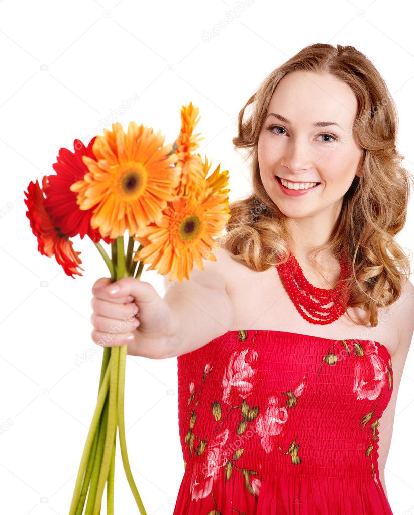 Happy young woman giving flowers. — Stock Photo © poznyakov #5189307 Happy young woman giving flowers. — Stock Photo © poznyakov #5189307