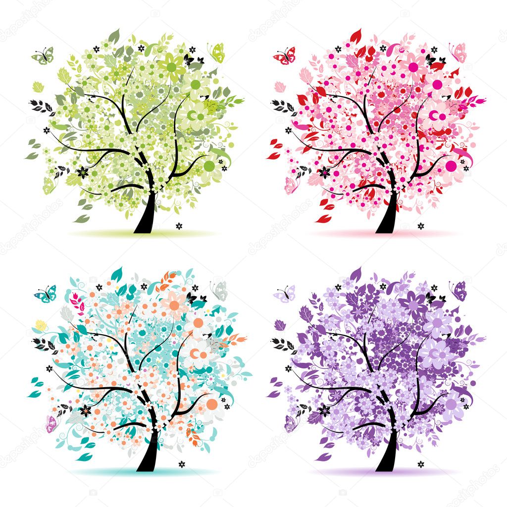 Set of floral trees beautiful for your design — Stock Vector ...