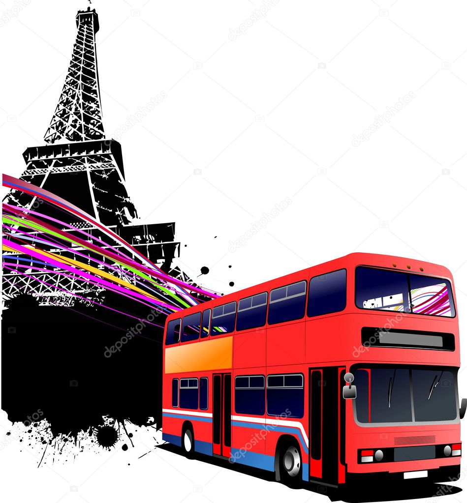 Red double bus with Paris image background. Vector illustration Stock ...