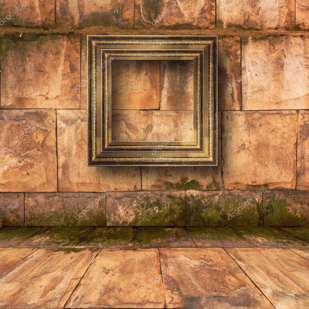 The old stone room with wooden picture frames in Victorian style ...