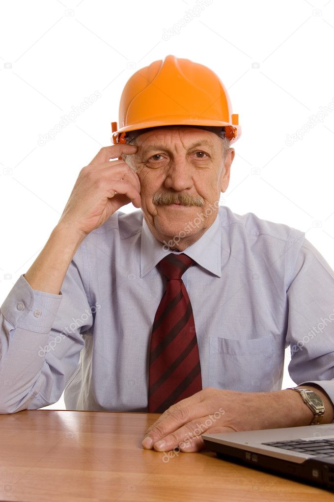 Engineer at the computer isolated on white background — Stock Photo ...