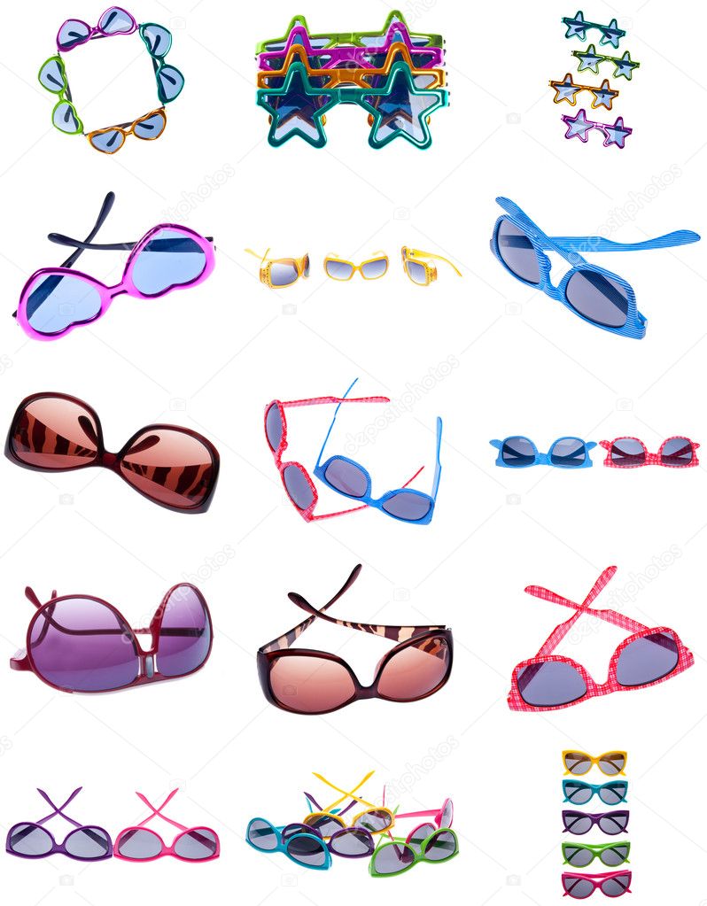 Collage Montage Sunglasses Variety Shapes Colors Isolated White Stock ...