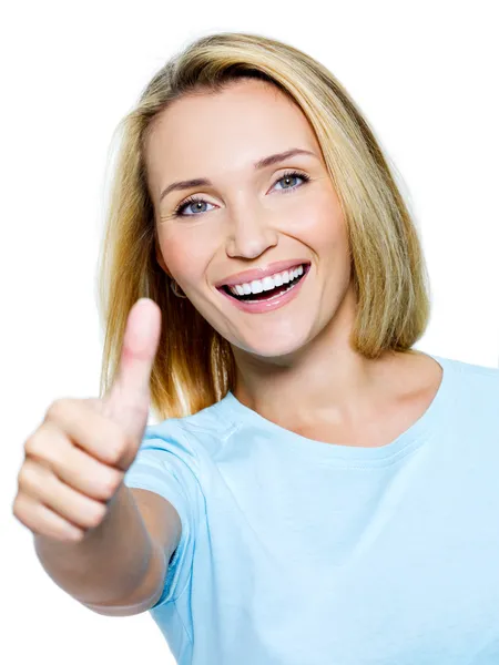 Woman showing thumbs up gesture, isolated — Stock Photo © g_studio ...