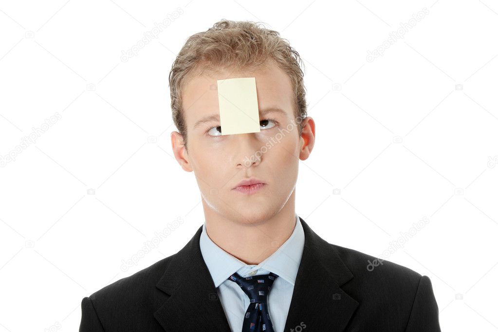 Businessman with memo stick message notes on forehead Stock Photo by ...