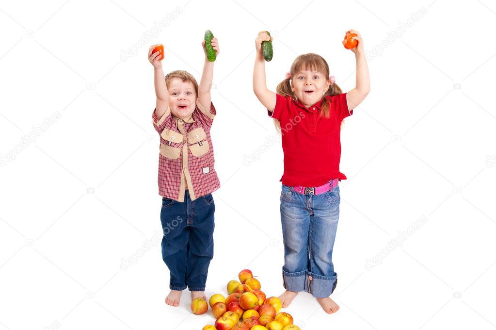 Children with fruit and vegetables isolated on white background Stock ...