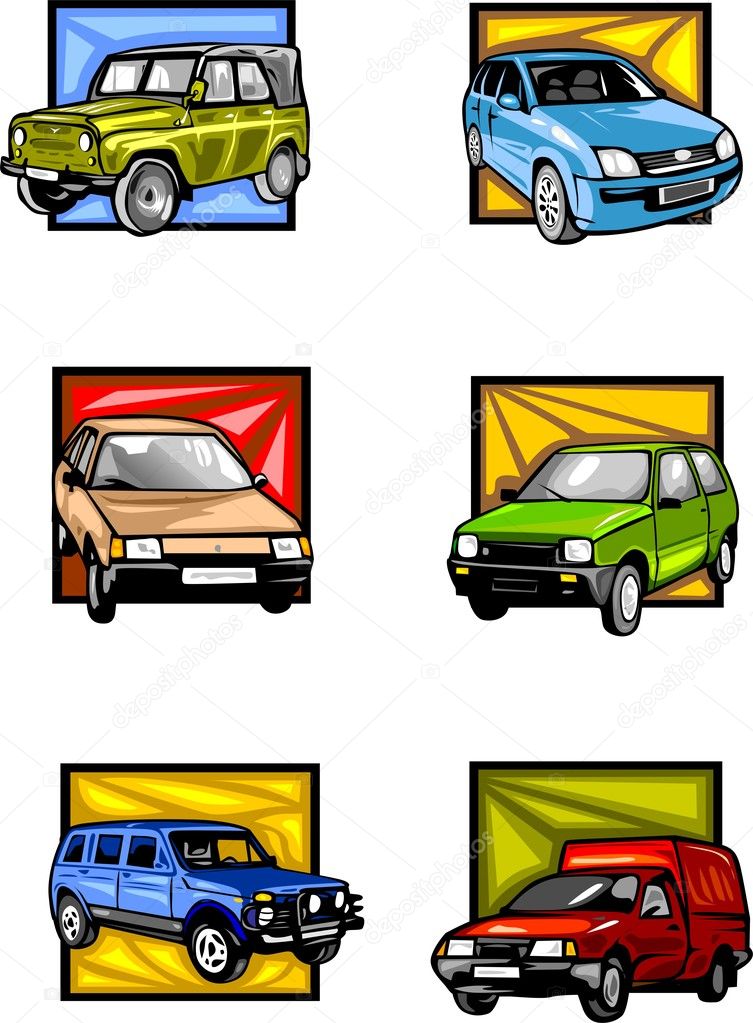 Six passenger cars in multi-coloured squares. Cars. — Stock Vector ...