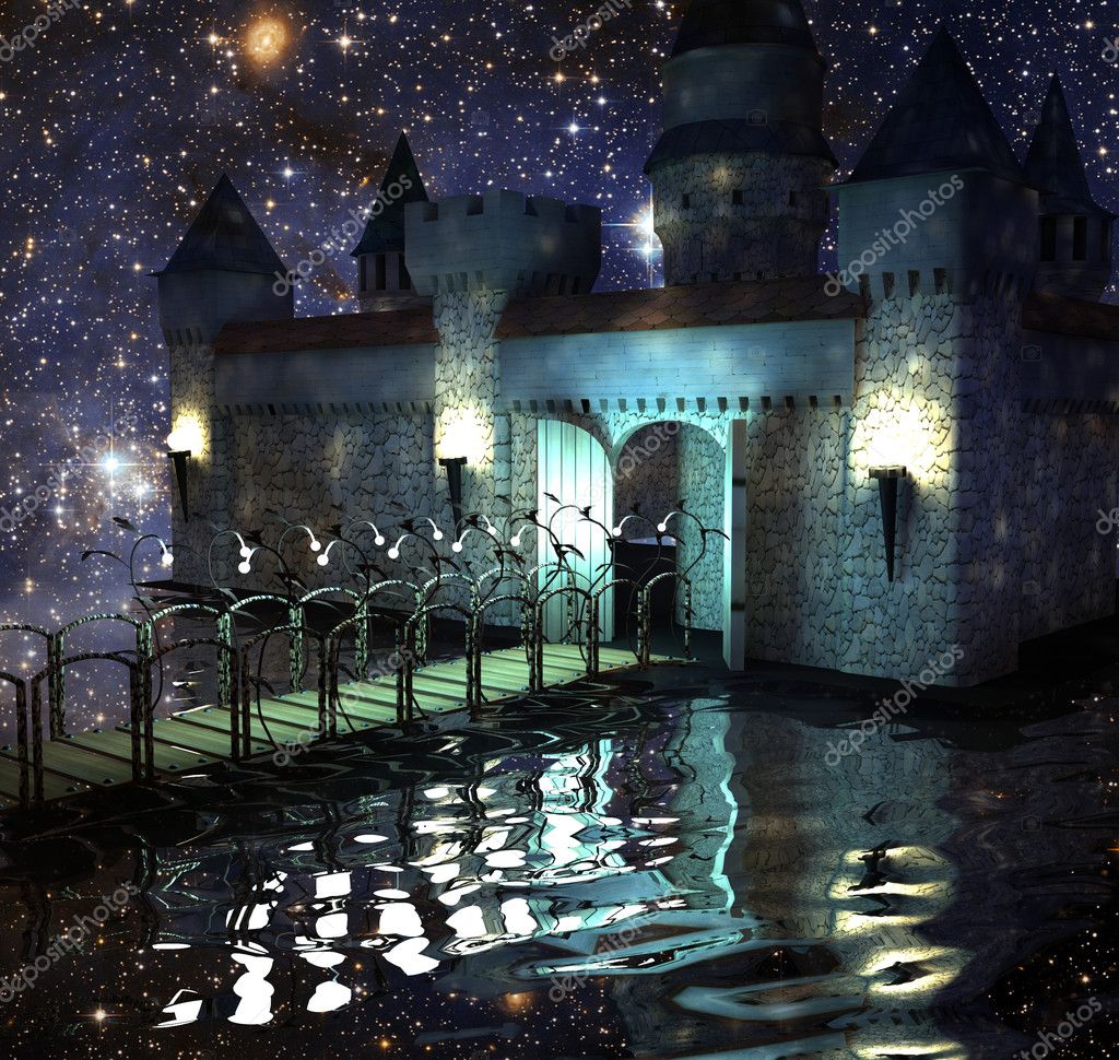 The fantastic castle in lake in the night sky — Stock Photo © Flamewave ...