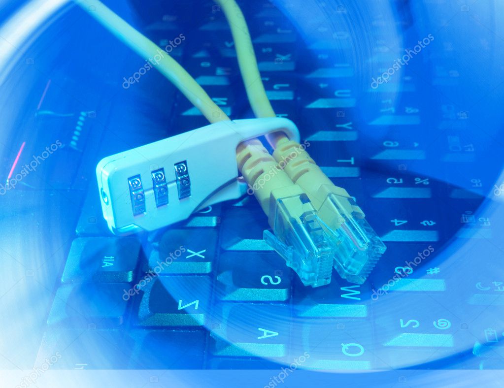 Lock and network cable with computer keyboard background — Stock Photo ...