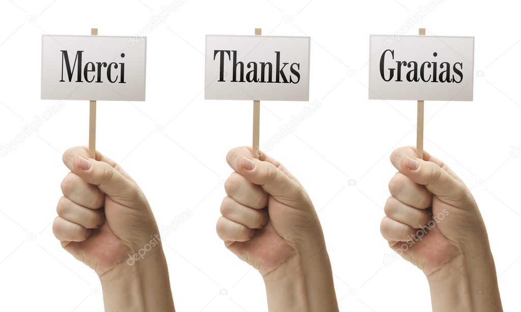 Trois signes dans les poings de dire merci, Merci et gracias ...