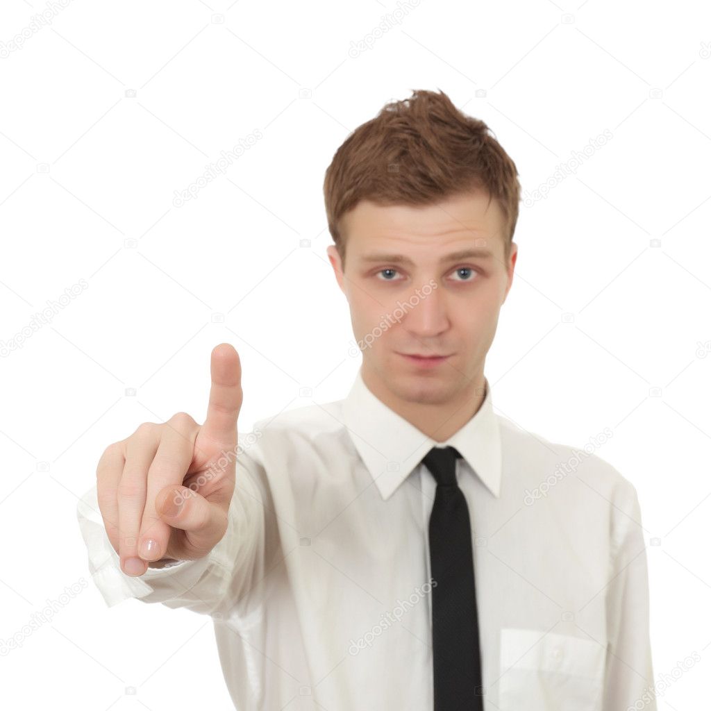 Young man pointing finger — Stock Photo © merznatalia #5182268 Young man pointing finger — Stock Photo © merznatalia #5182268