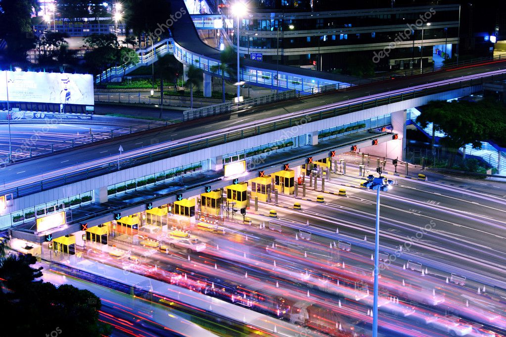 Blurred bus light trails in downtown night-scape — Stock Photo © cozyta ...