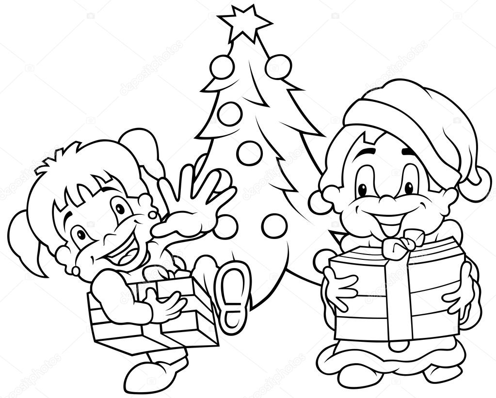 Children Christmas Black White Cartoon Illustration Vector Stock Vector by ©dero2010 4792472