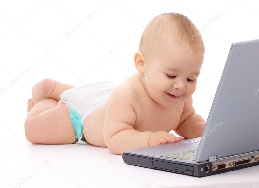 Little baby with laptop — Stock Photo © Kobyakov #4508548