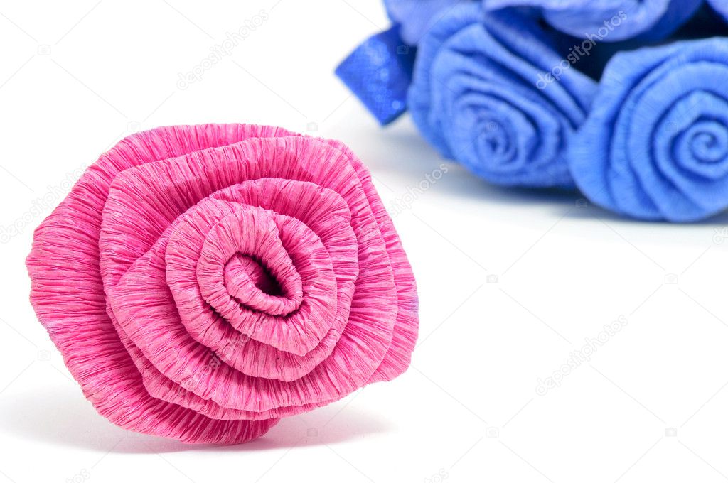 Pink Paper Rose Some Other Blue Isolated White Background Stock Photo ...