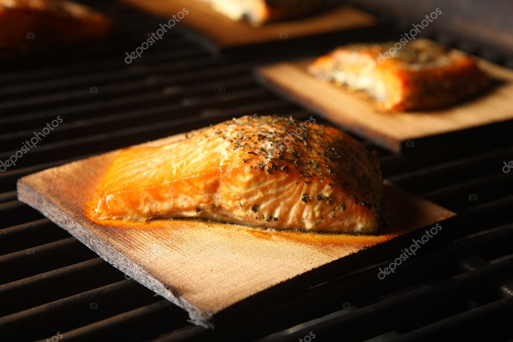 Salmon Fish Cedar Wood Boards Grill Stock Photo by ©macniak 4847664