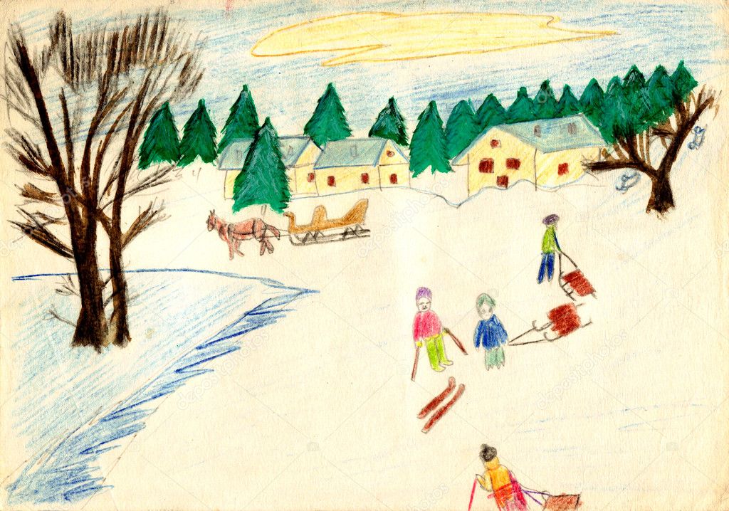 An old hand drawing picture - rustic winter scene Stock Illustration by ...