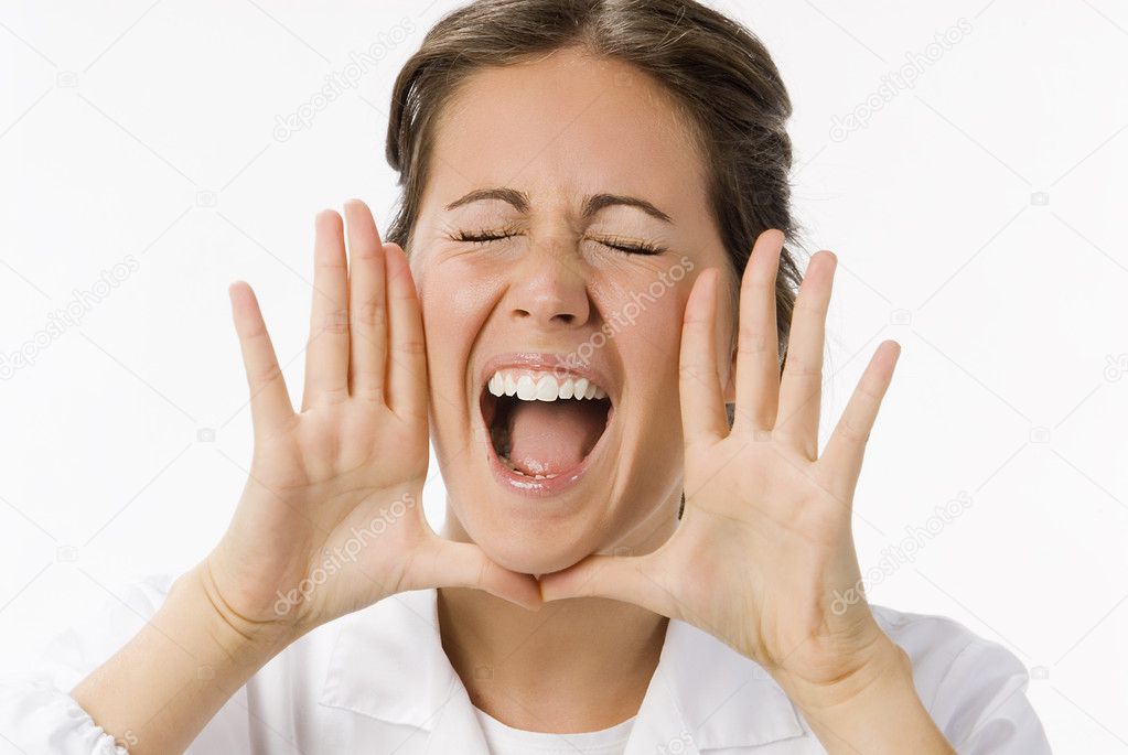 Young Cute Brunette Making Faces Having Hands Her Face — Stock Photo ...