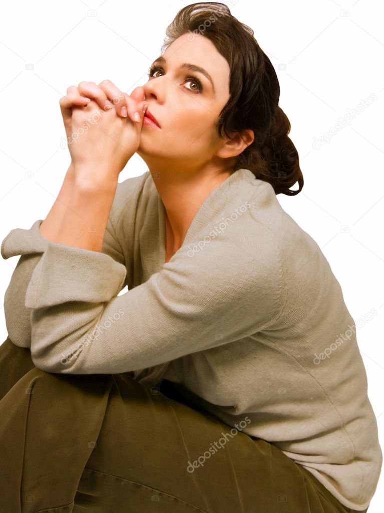 Woman sitting with hands clasped looking upward. — Stock Photo © ERP ... Woman sitting with hands clasped looking upward. — Stock Photo © ERP ...