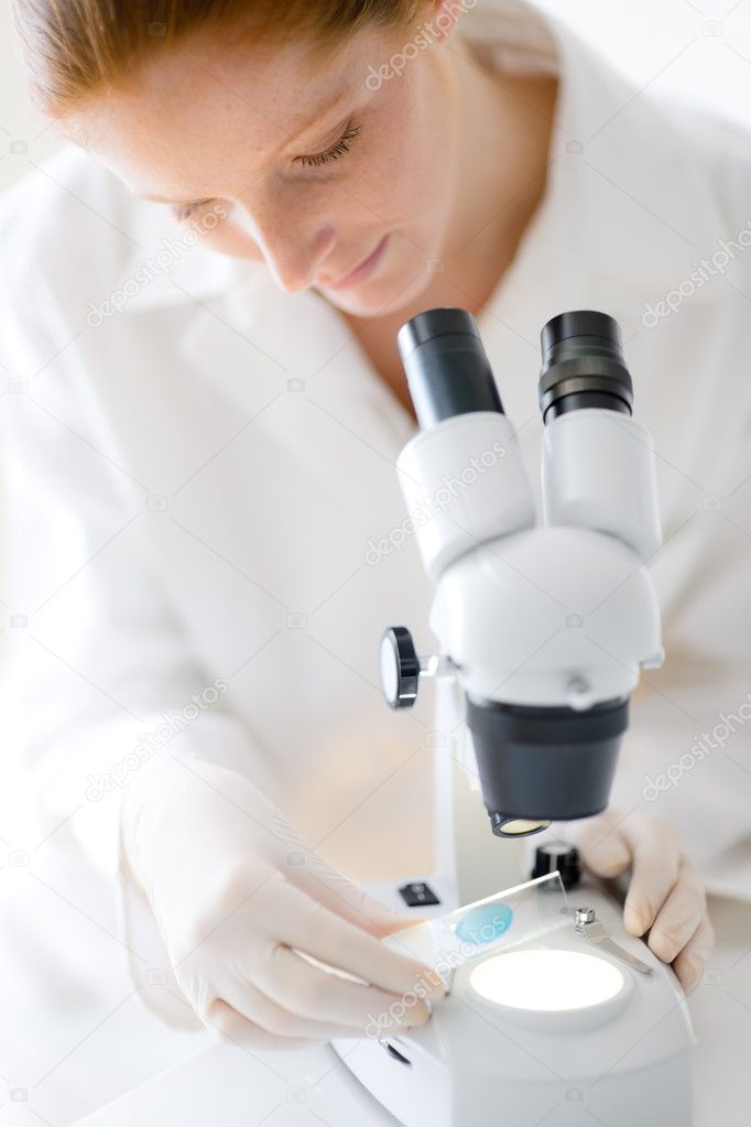 Microscope laboratory - woman medical research Stock Photo by ...