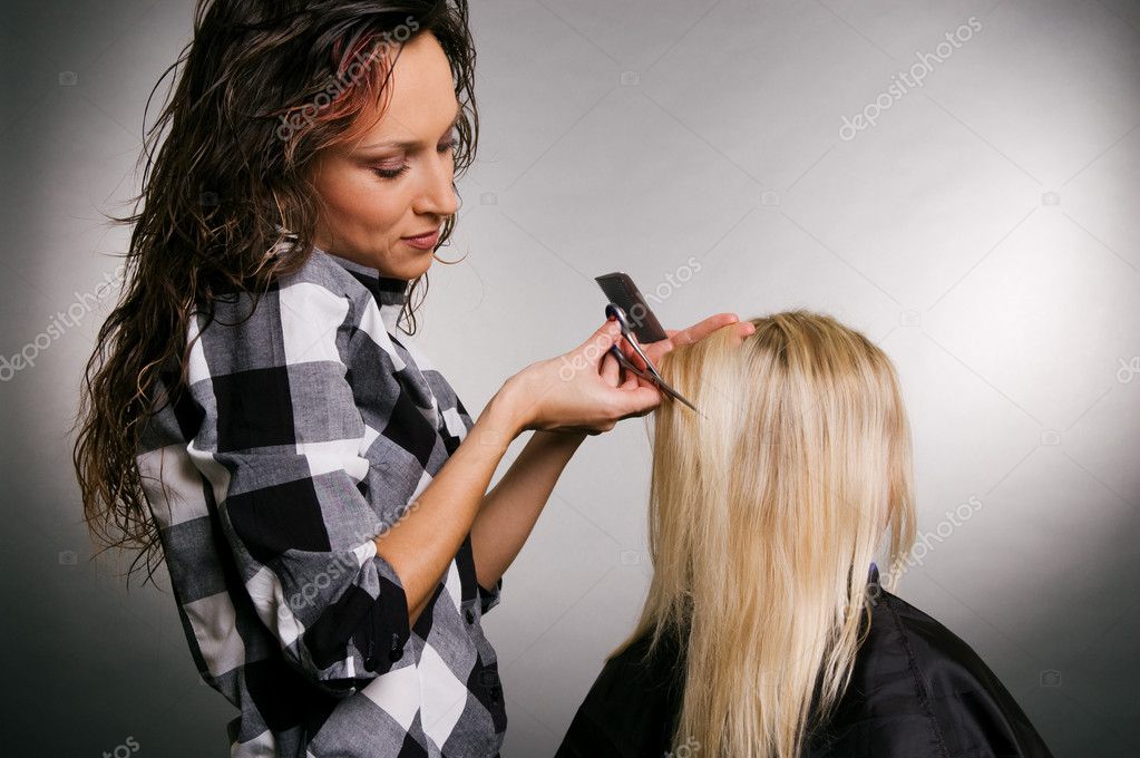 Hairdresser working with blonde — Stock Photo © konstantynov #5161642 Hairdresser working with blonde — Stock Photo © konstantynov #5161642