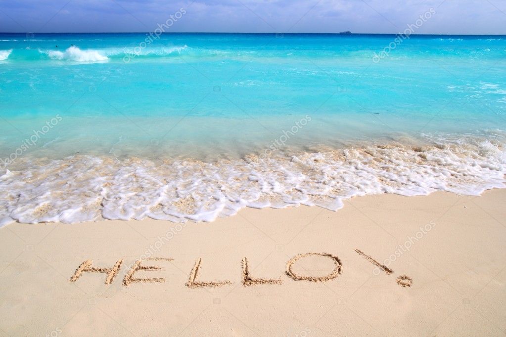 Hello message spell written in tropical beach sand — Stock Photo ...
